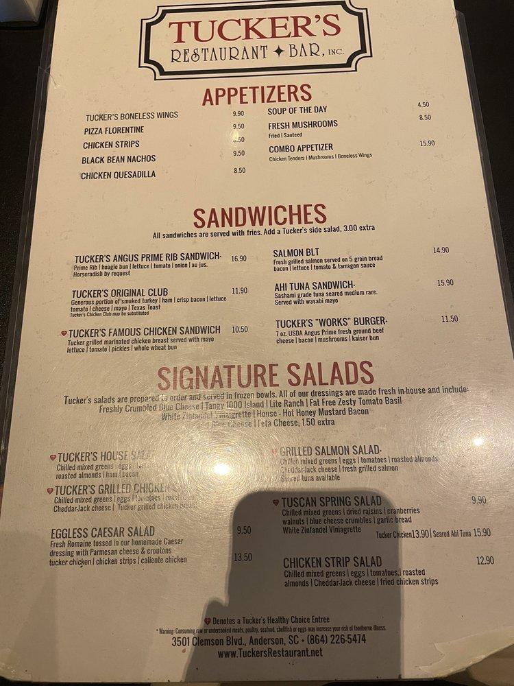 Menu at Tucker's Restaurant, Anderson