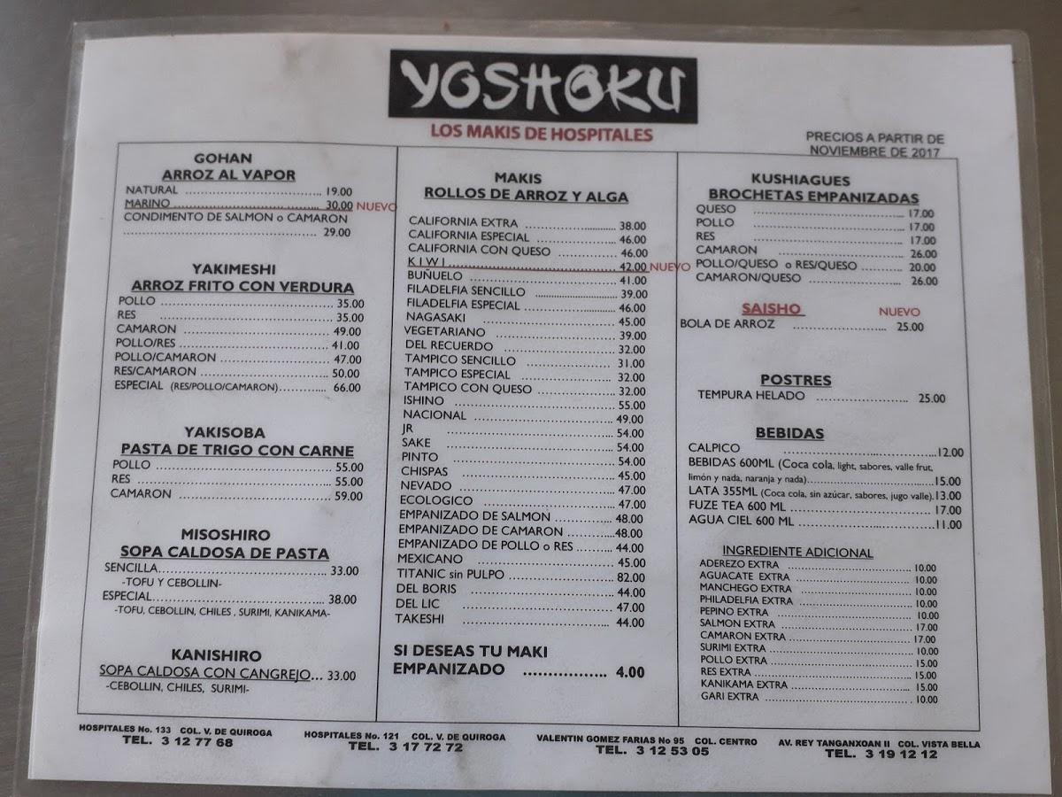 Menu at Yoshoku (Santa María) restaurant, Morelia