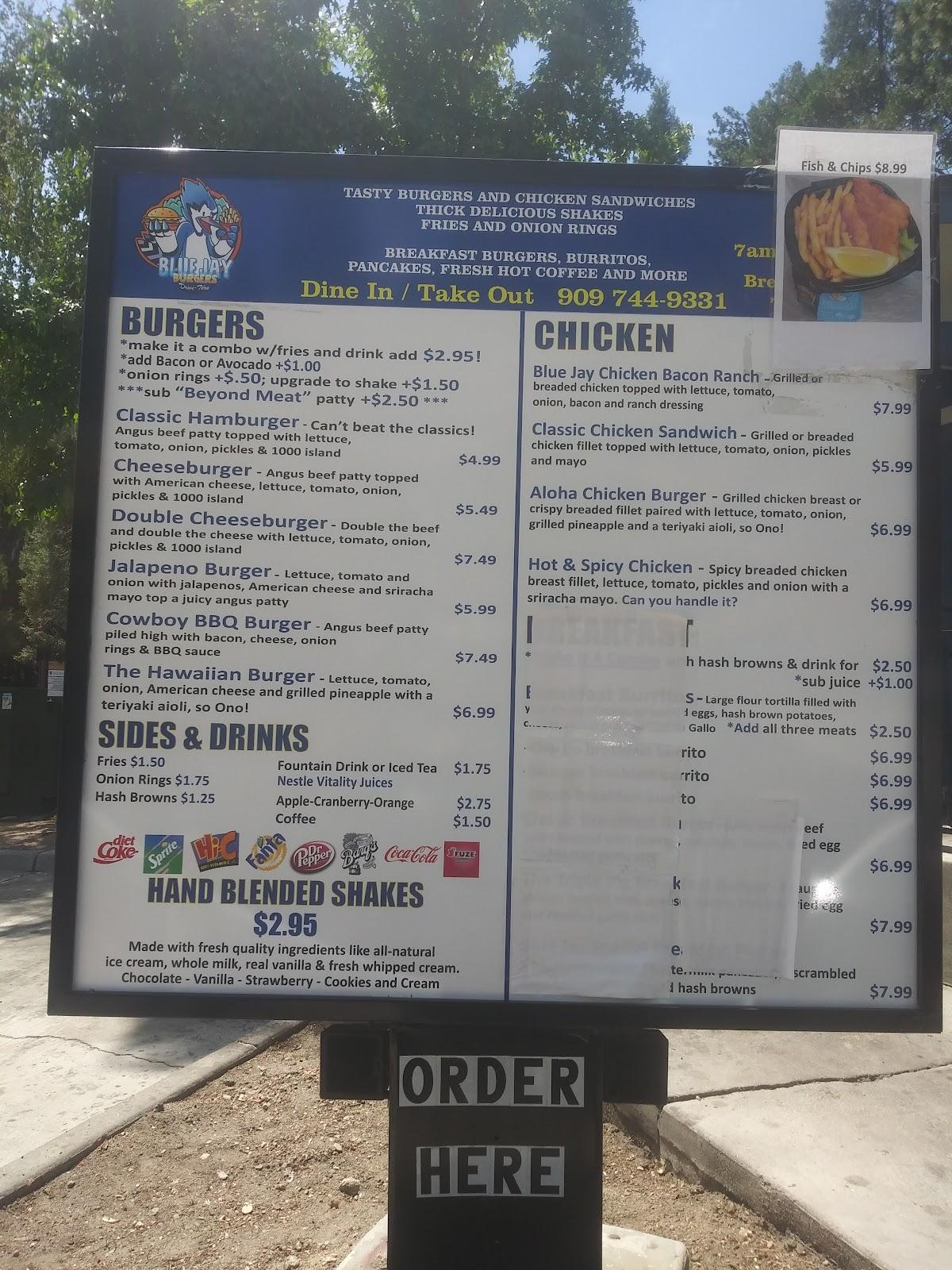 Menu at Blue Jay Burgers restaurant, Lake Arrowhead
