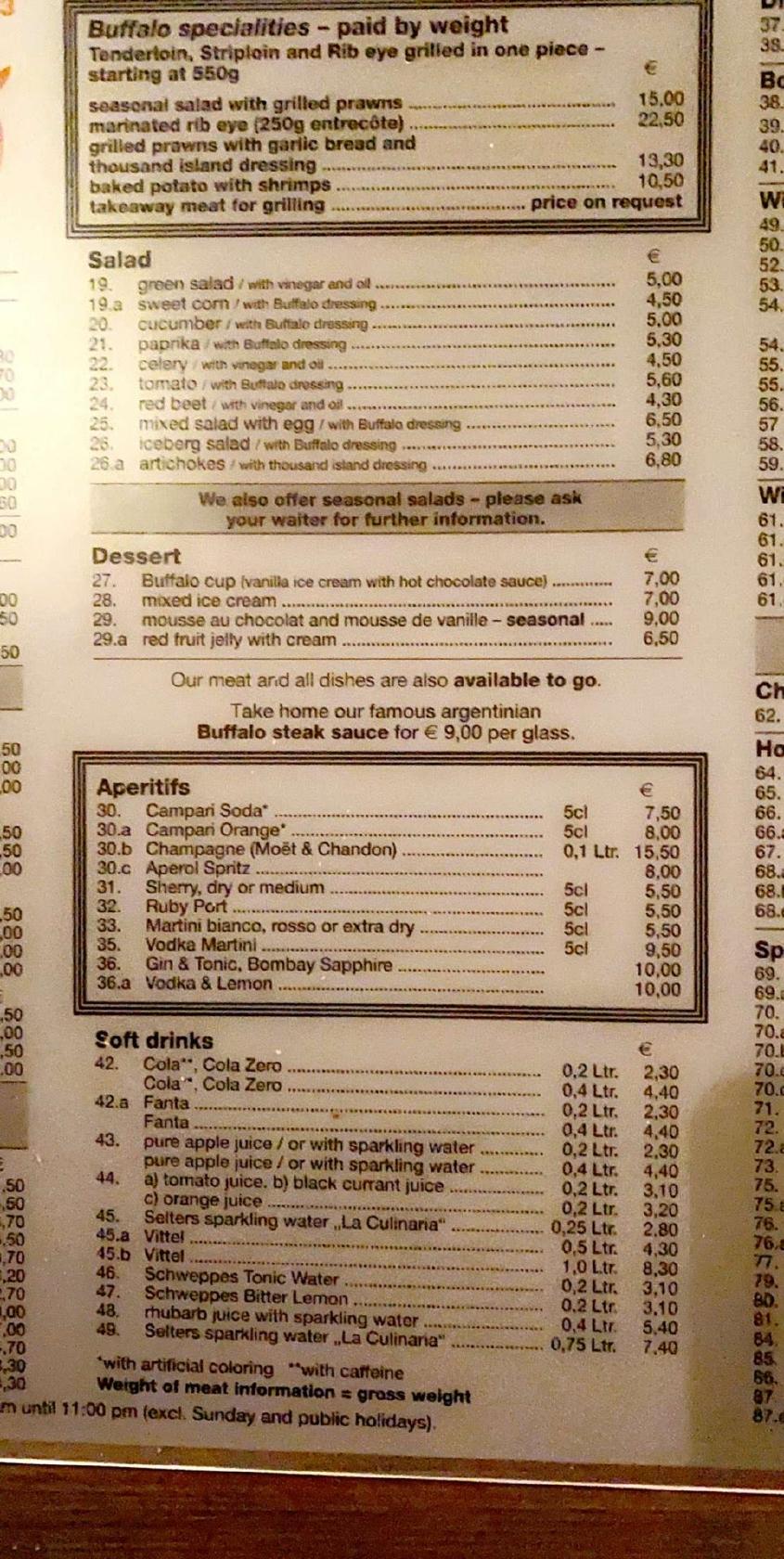 Menu at Buffalo Steakhaus, Frankfurt