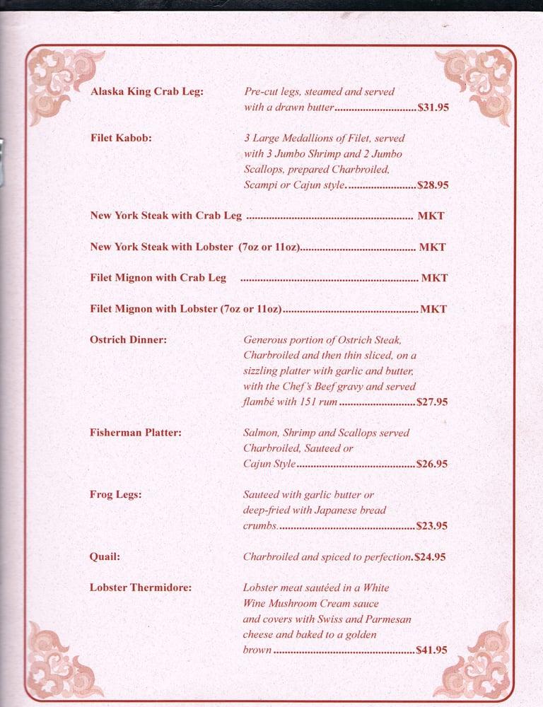 Menu at Chateau Chang steakhouse, Victorville