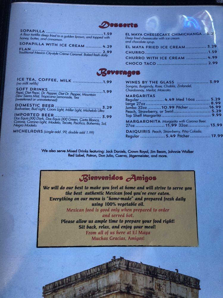 Menu at El Maya Mexican Cuisine restaurant, Alva, 832 Alva Street