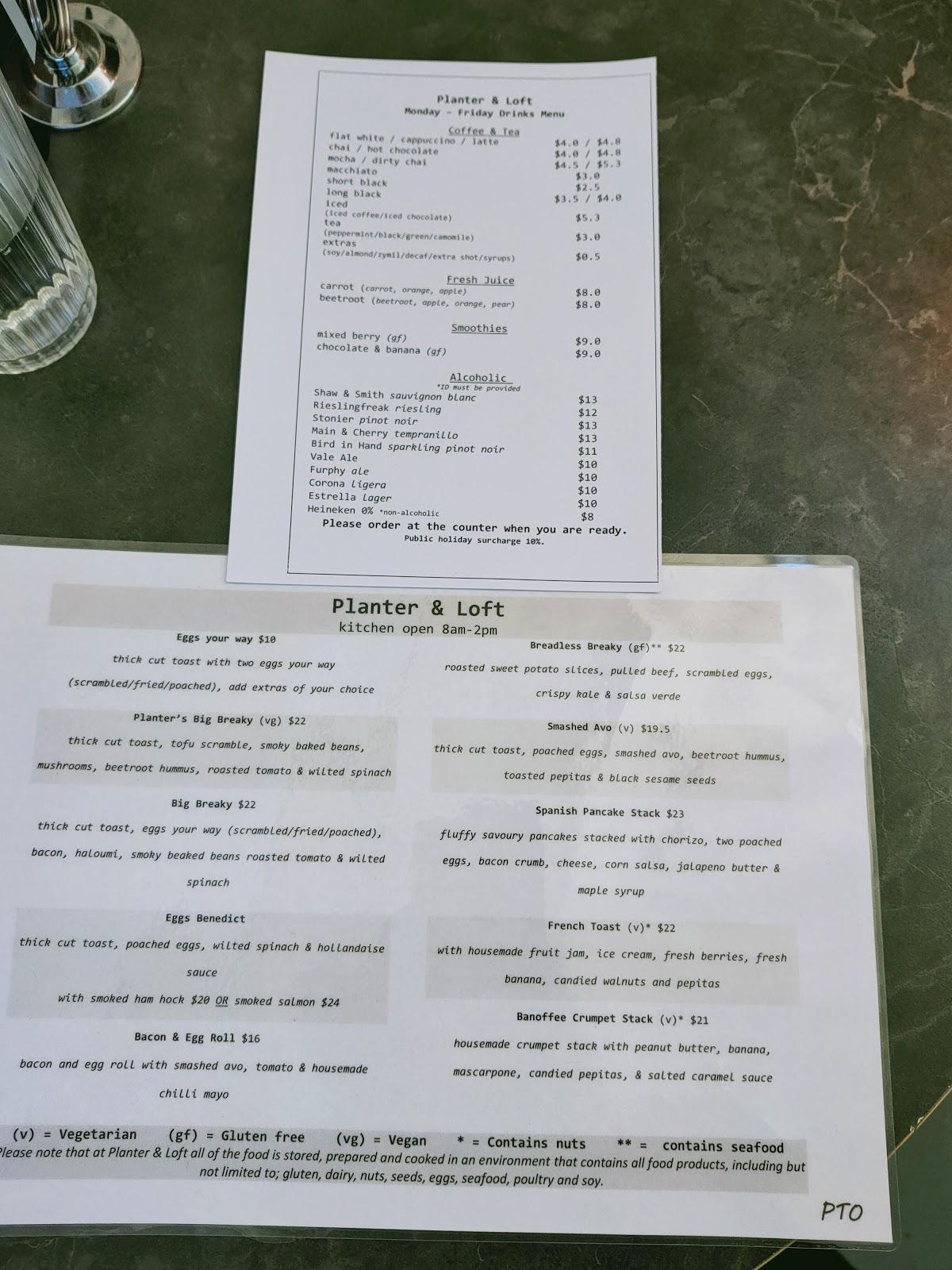 Menu at Planter and loft cafe, Norwood