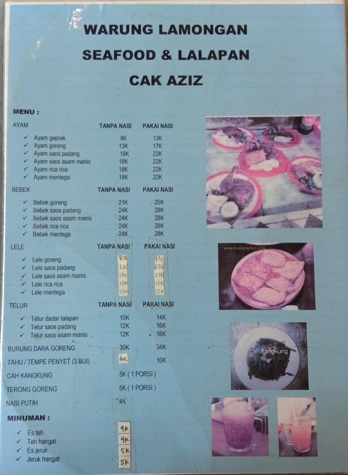 Carta del restaurante Warung Lalapan & Seafood Cak Aziz, Malang