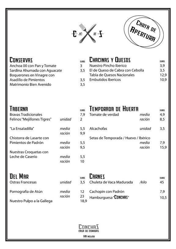 Menu at Conchas Casa de Comidas restaurant, Madrid