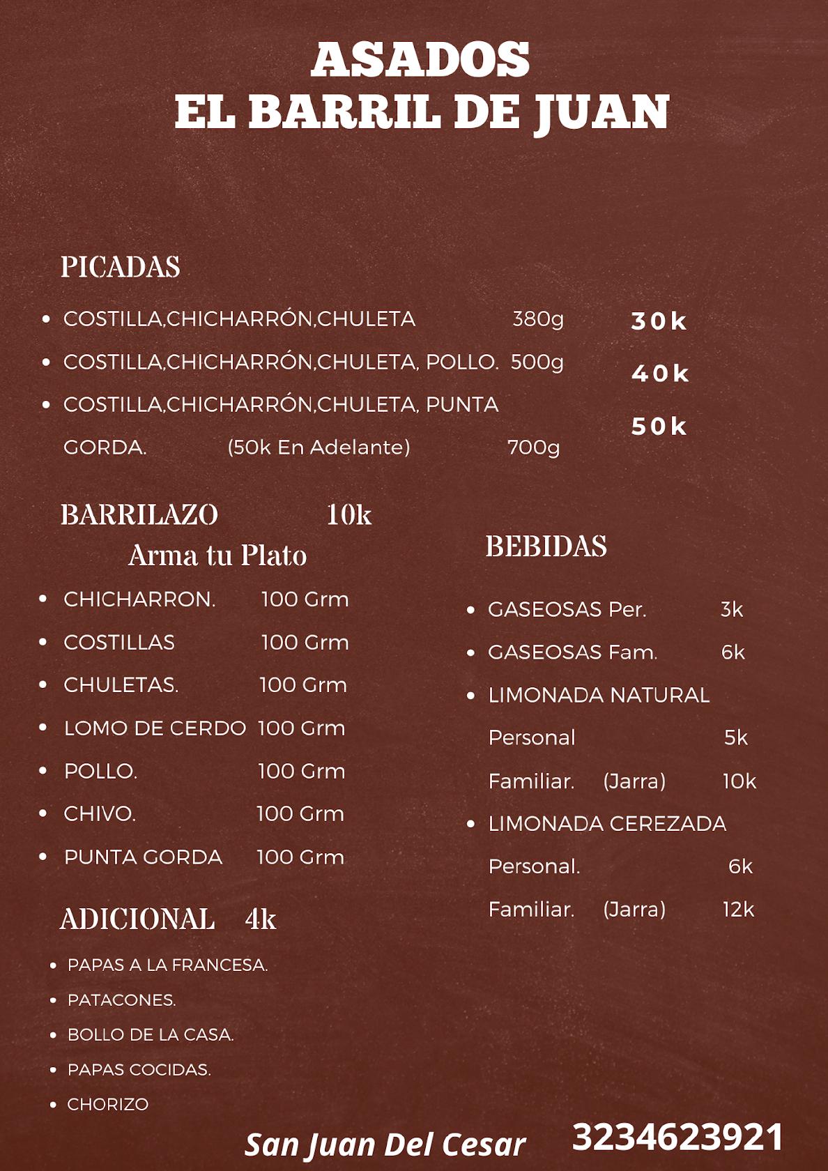 Menu at El BARRIL DE JUAN, San Juan del Cesar