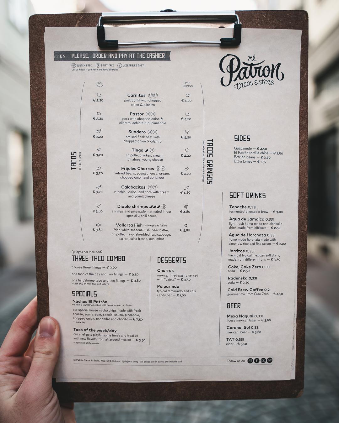 Menu au Patrón: Tacos & Bar, Ljubljana, Gornji trg 23