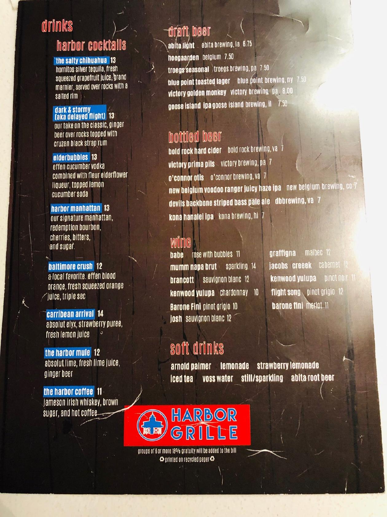 Menu at Harbor Grille pub & bar, Baltimore, POST SECURITY