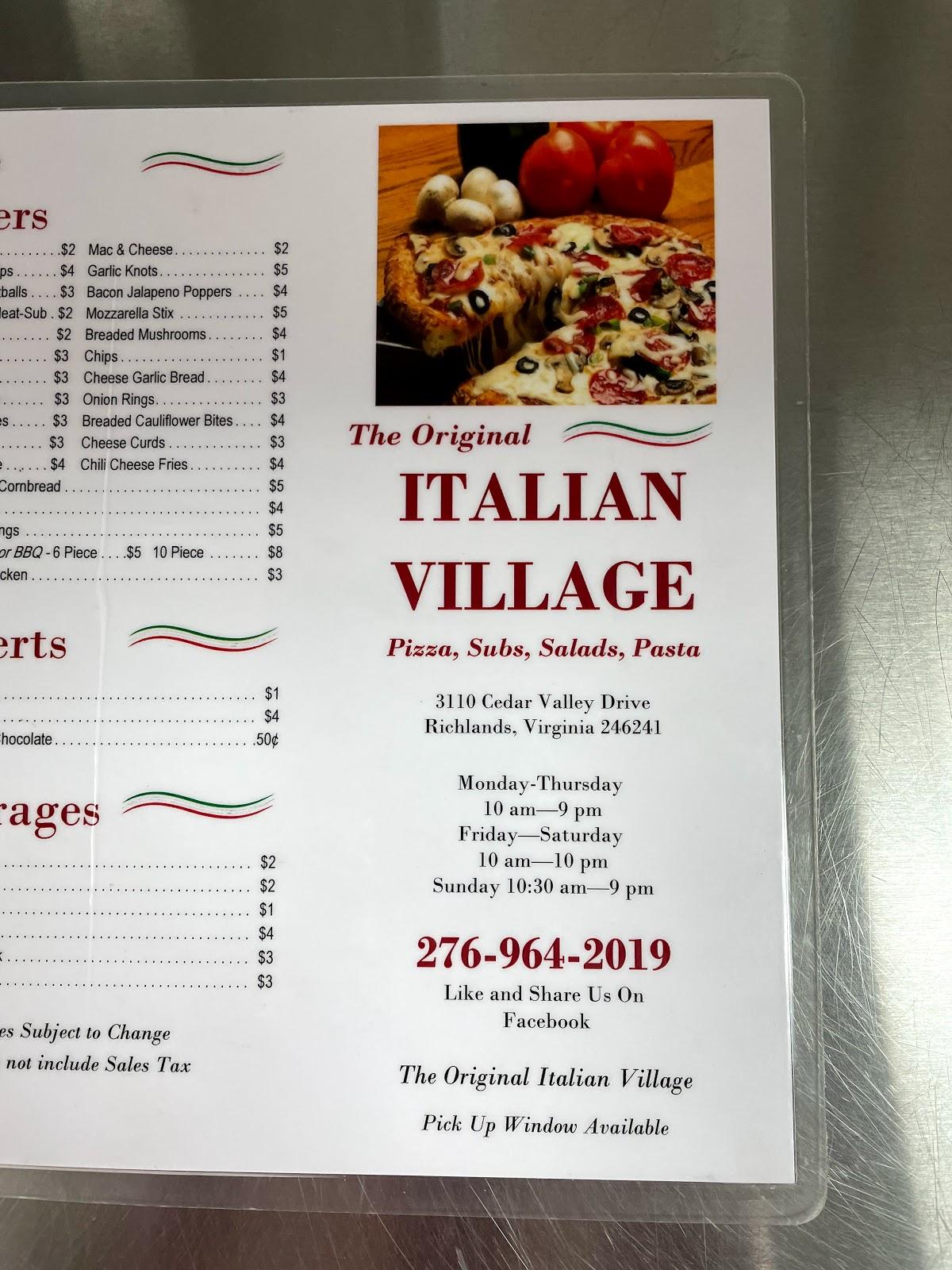 Menu at Italian Village pizzeria, Richlands, Cedar Valley Dr