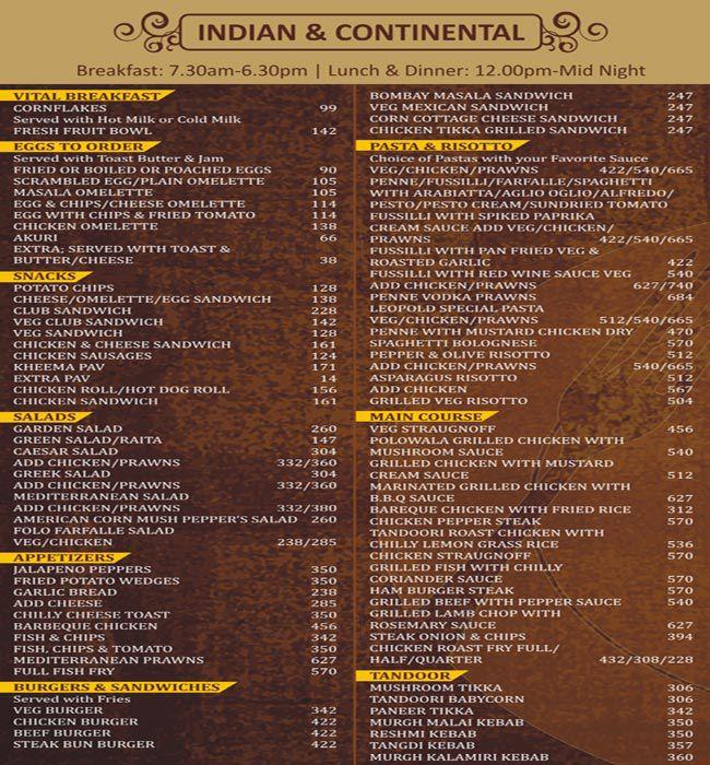 Menu at Leopold Cafe, Mumbai, Police Station
