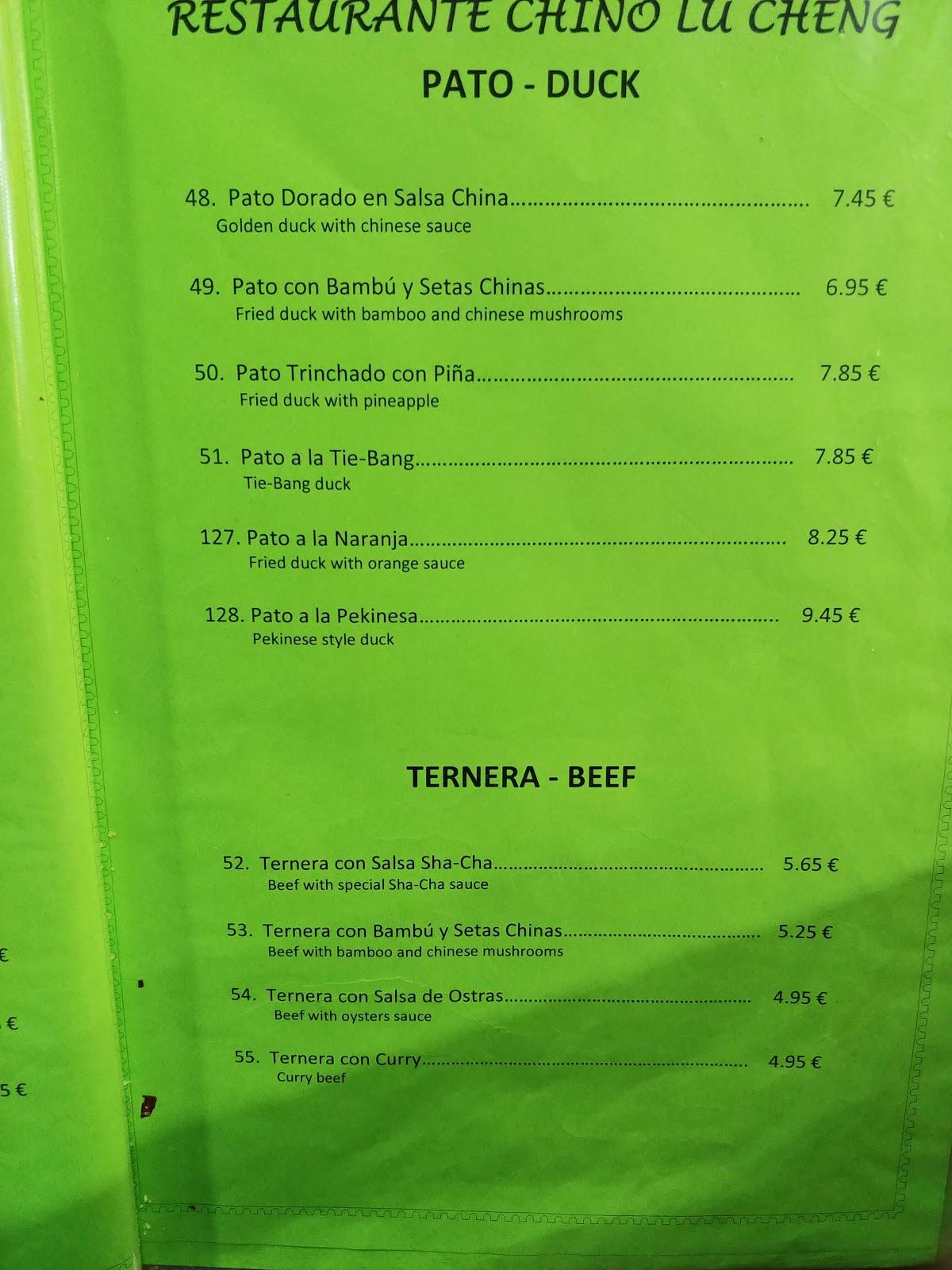 Carta de Lu Cheng Restaurante Chino, Valencia, Avenida Castilla O Cid 83