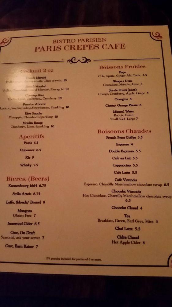 Menu at Paris Crêpes Café, Niagara Falls
