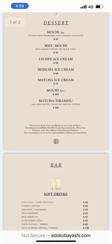 Menu at Rokai Ramen-Ya restaurant, Mexico City