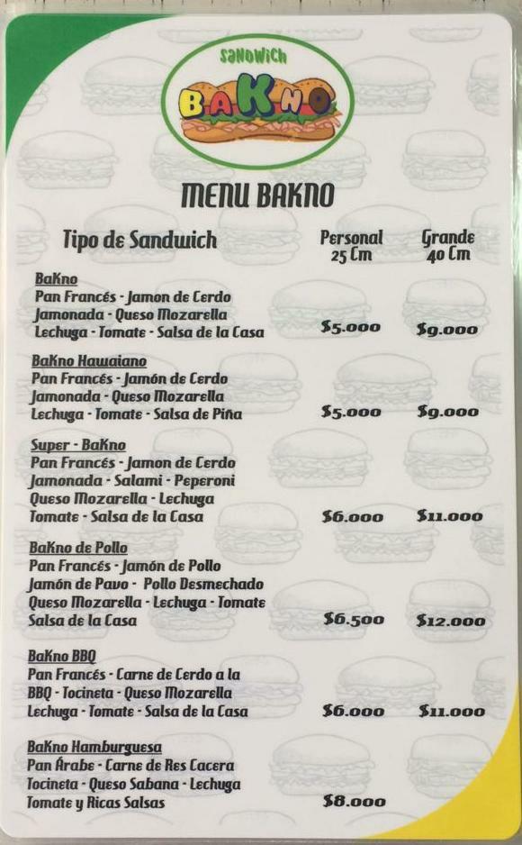 Menu at Sandwich BaKno restaurant, Cali