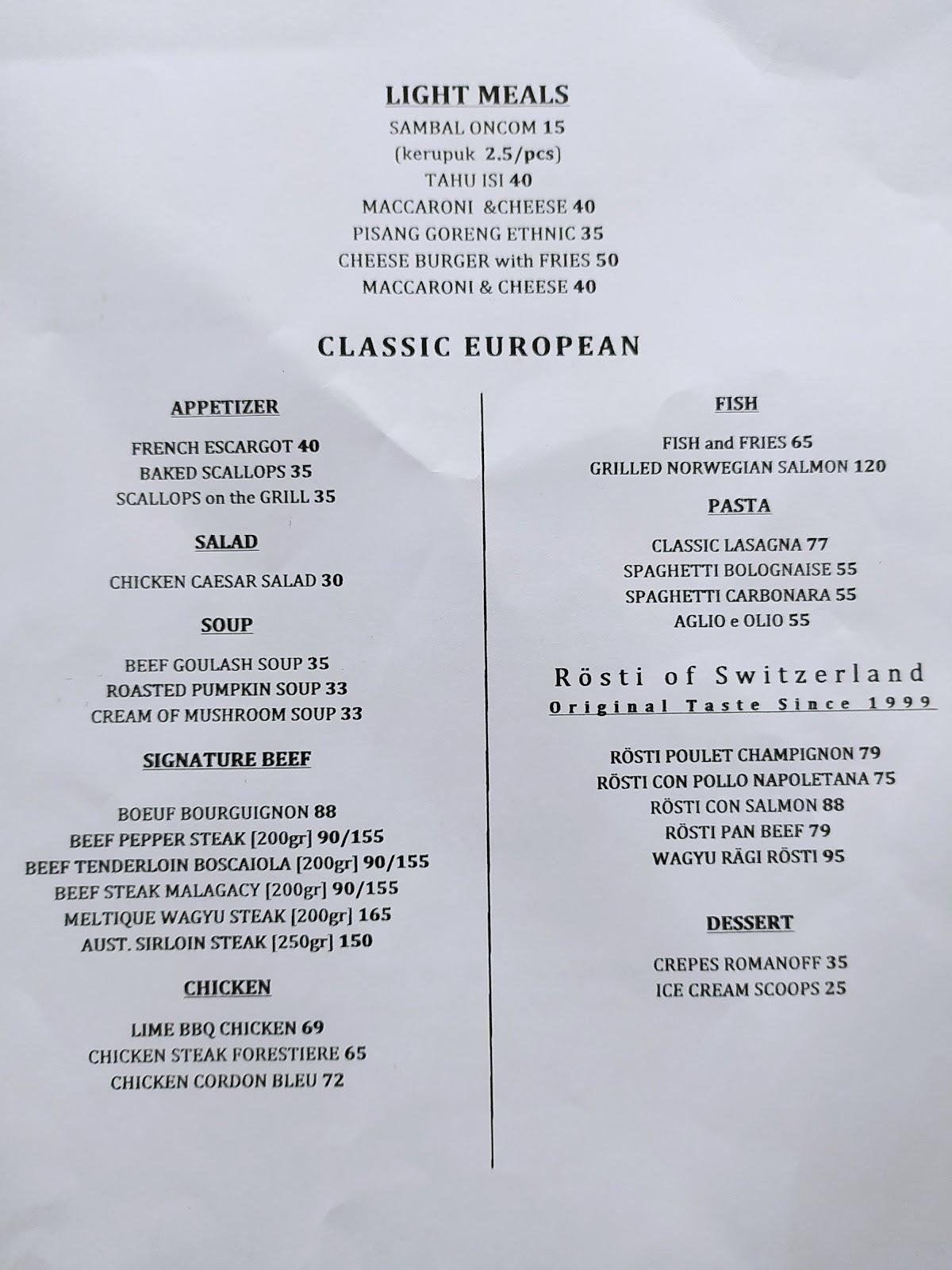 Menu at Waroeng Ethnic restaurant, Padalarang