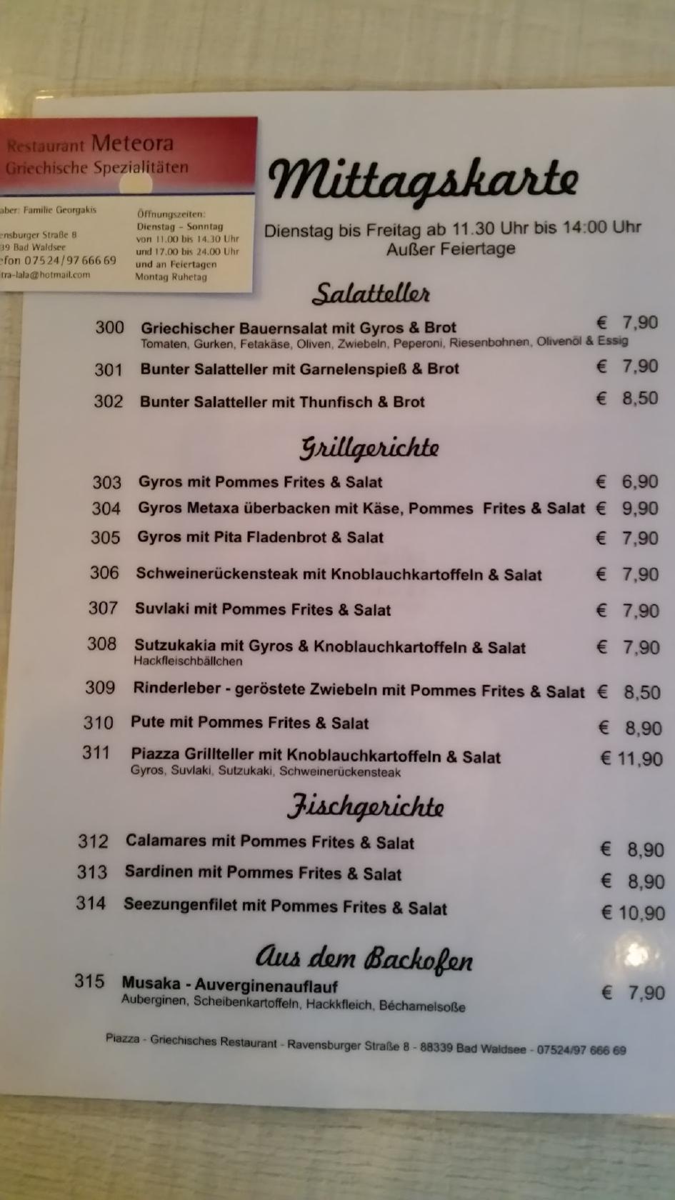 Speisekarte von Meteora restaurant, Bad Waldsee