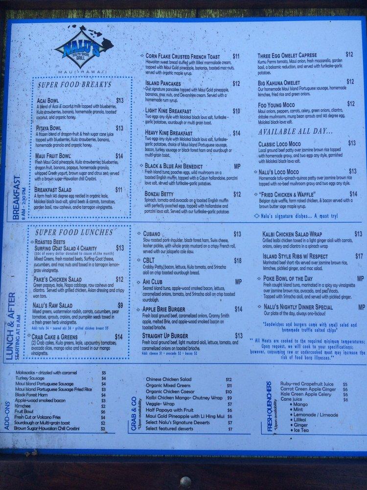 Menu at Nalu's South Shore Grill pub & bar, Kihei