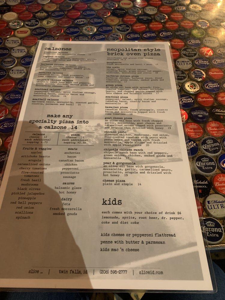 Menu at Slice pizzeria, Twin Falls