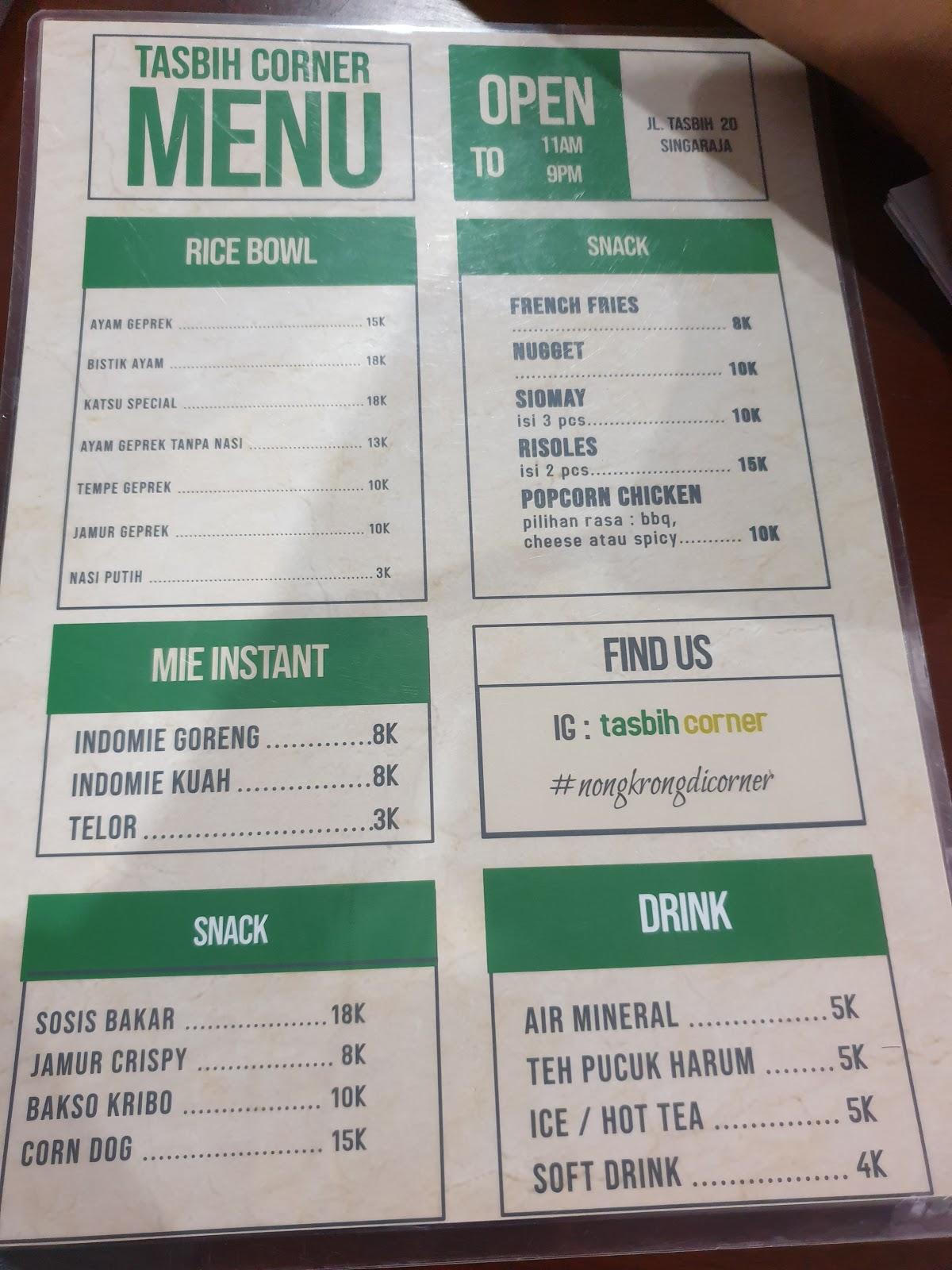 Menu at Tasbih Corner, Buleleng