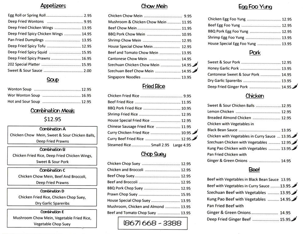 Menu at 202 Chinese restaurant, Whitehorse