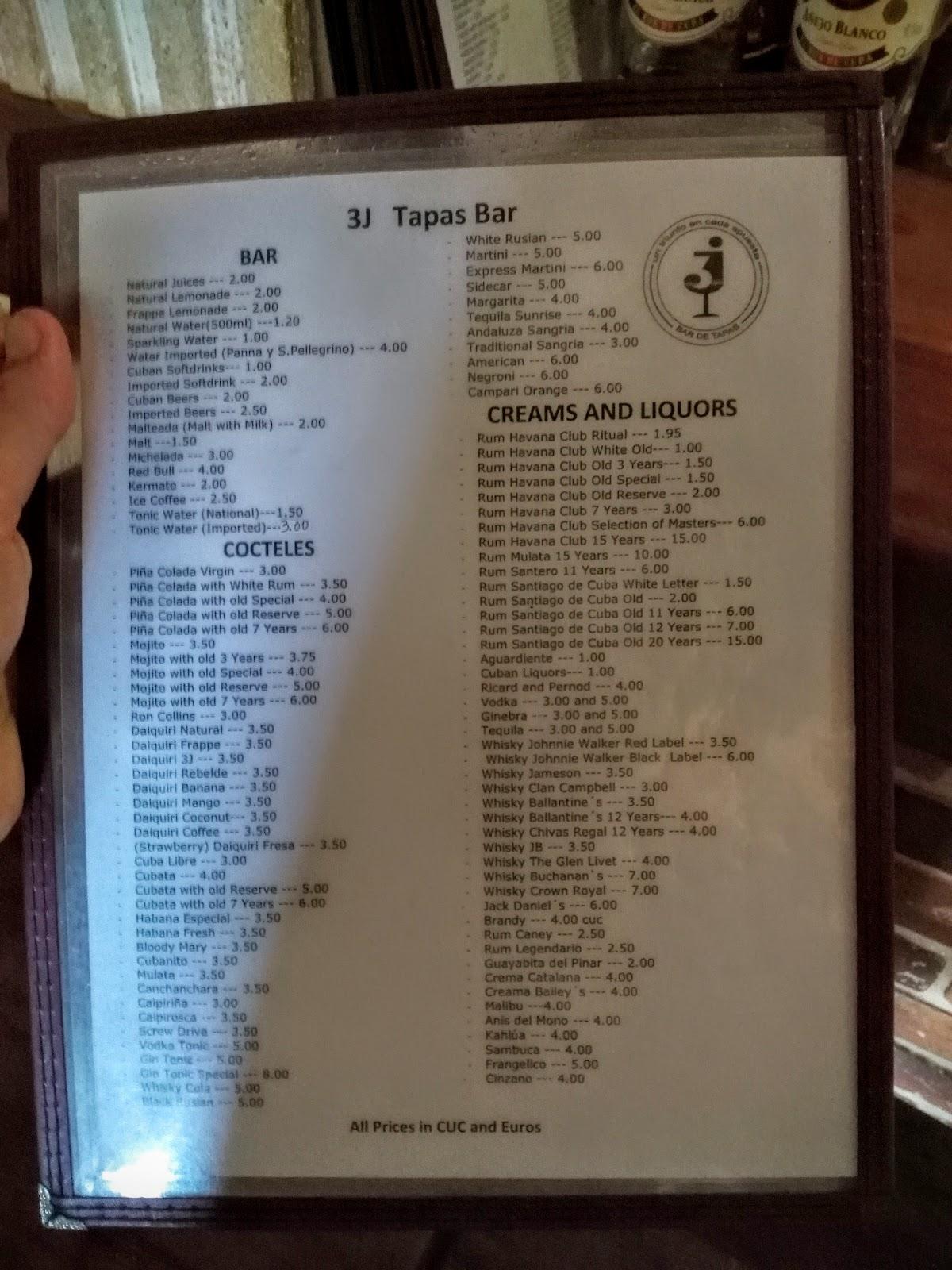 Menu at 3J Bar Tapas, Vinales