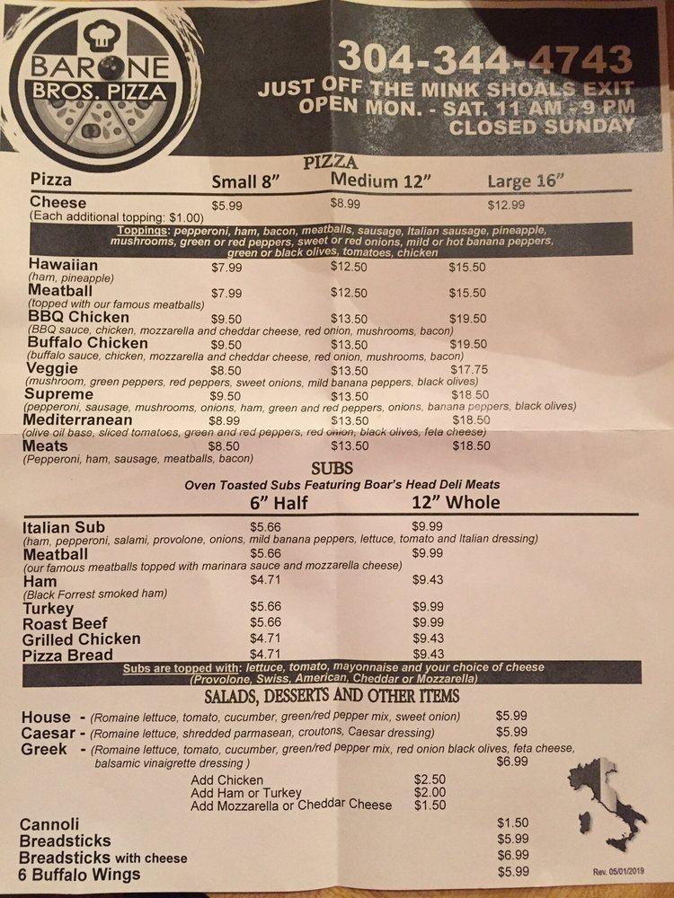Menu at Barone Bros. Pizza, Charleston