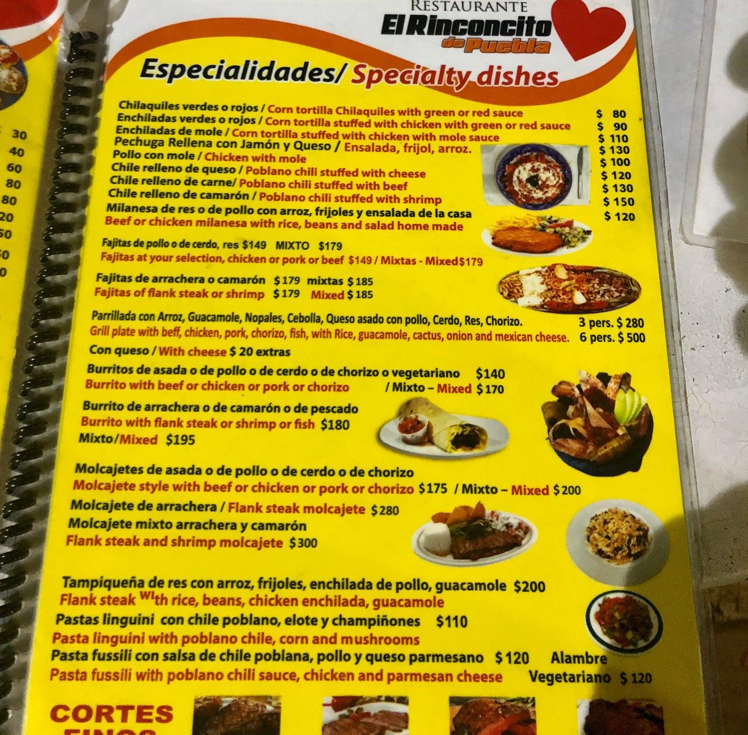 Menu at El Rinconcito De Puebla restaurant, Cancún, Tulipanes 32