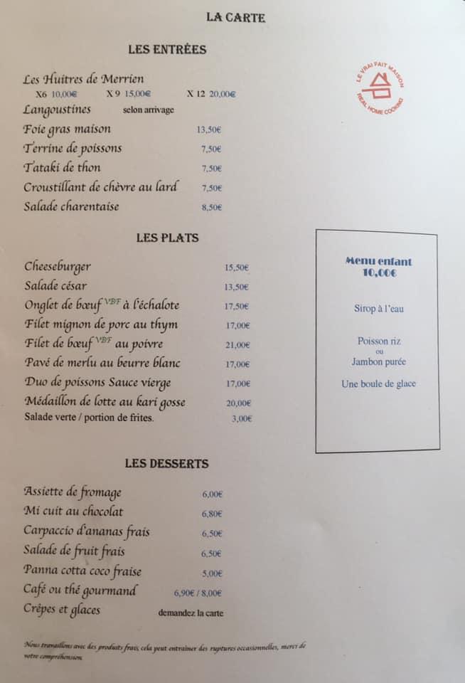 Menu au l'auberge de la mer restaurant, Moëlan-sur-Mer