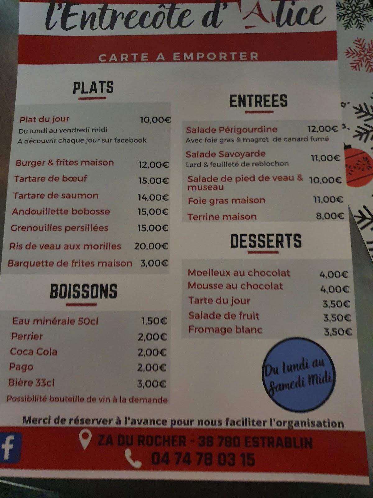 Menu au L'Entrecôte D'Alice restaurant, Estrablin