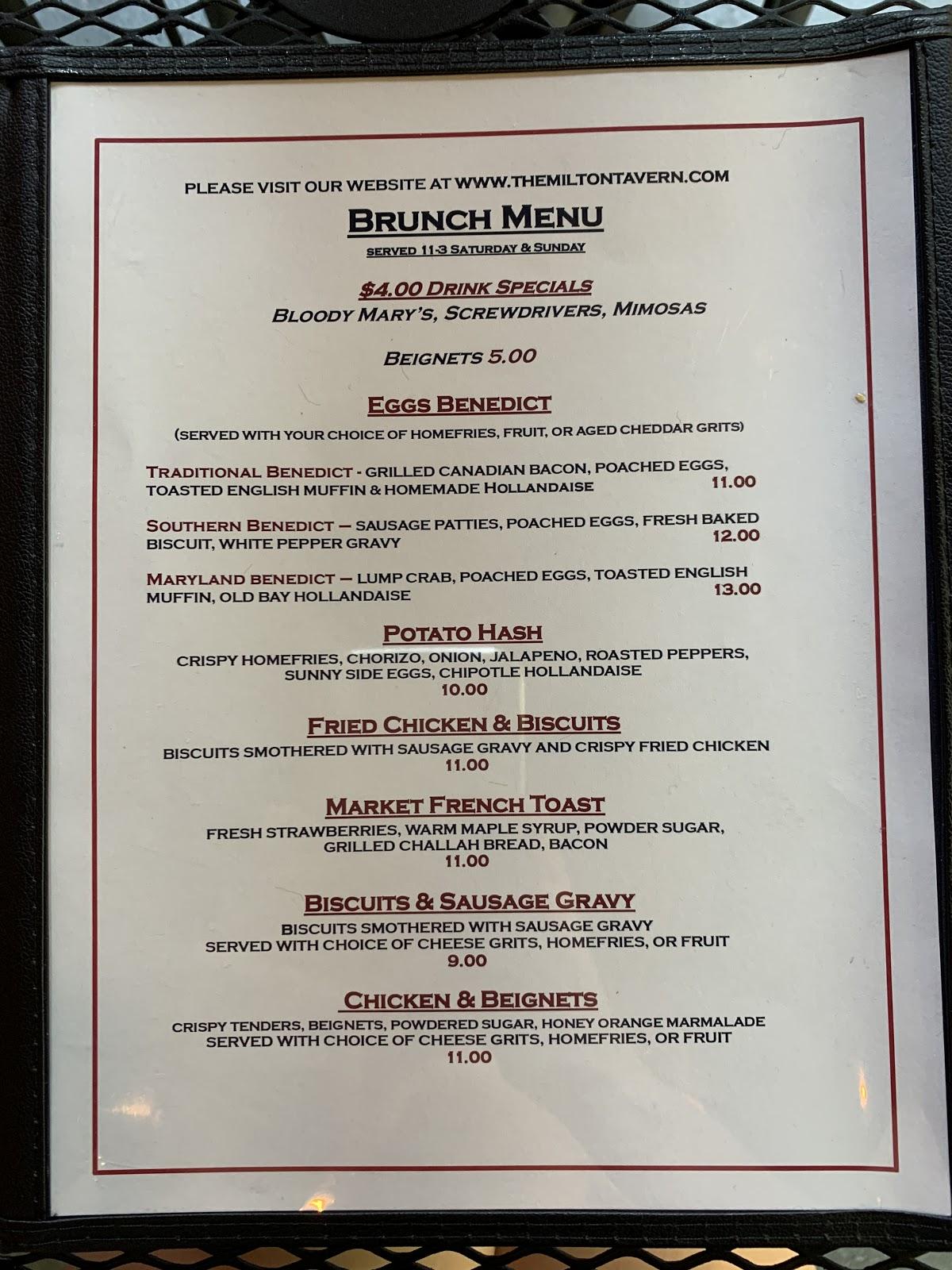 Menu at Milton Tavern restaurant, Alpharetta