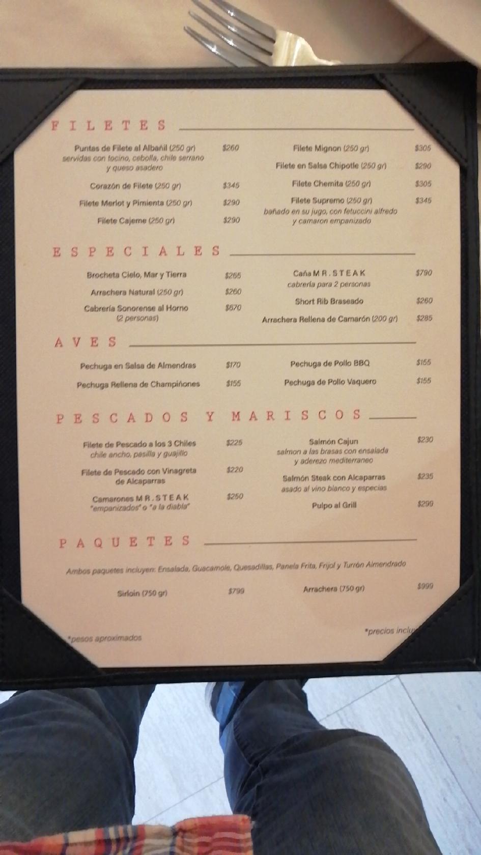 Carta de parrilla Mr. Steak, Ciudad Obregón, Av. Miguel Alemán 568