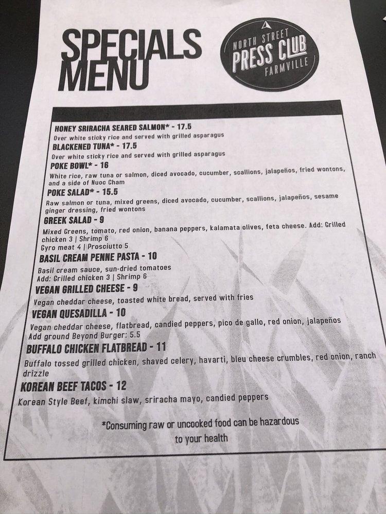Menu at North Street Press Club, Farmville