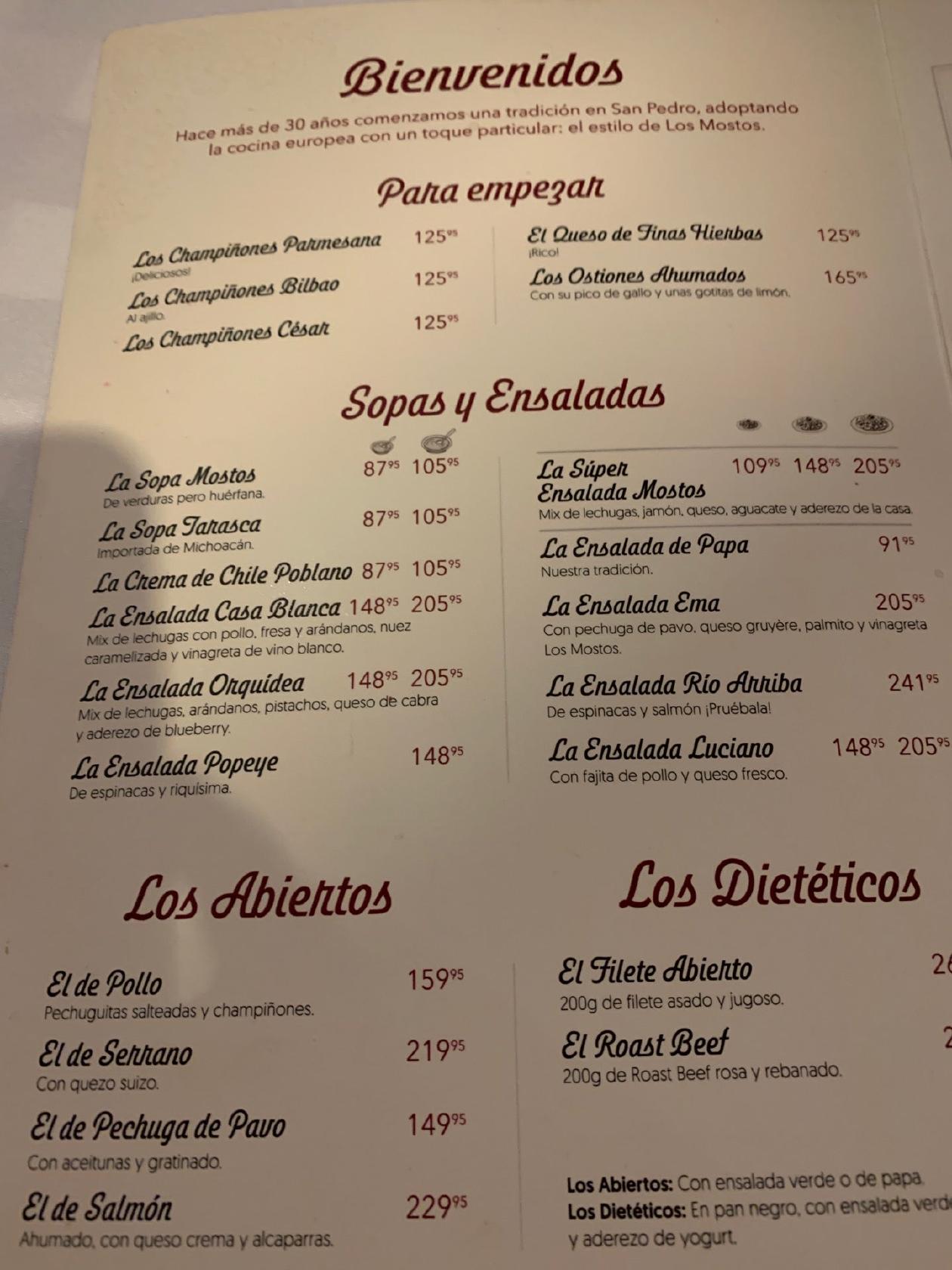 Carta de Restaurante Los Mostos Rosas, Monterrey, R. de la Plata 401
