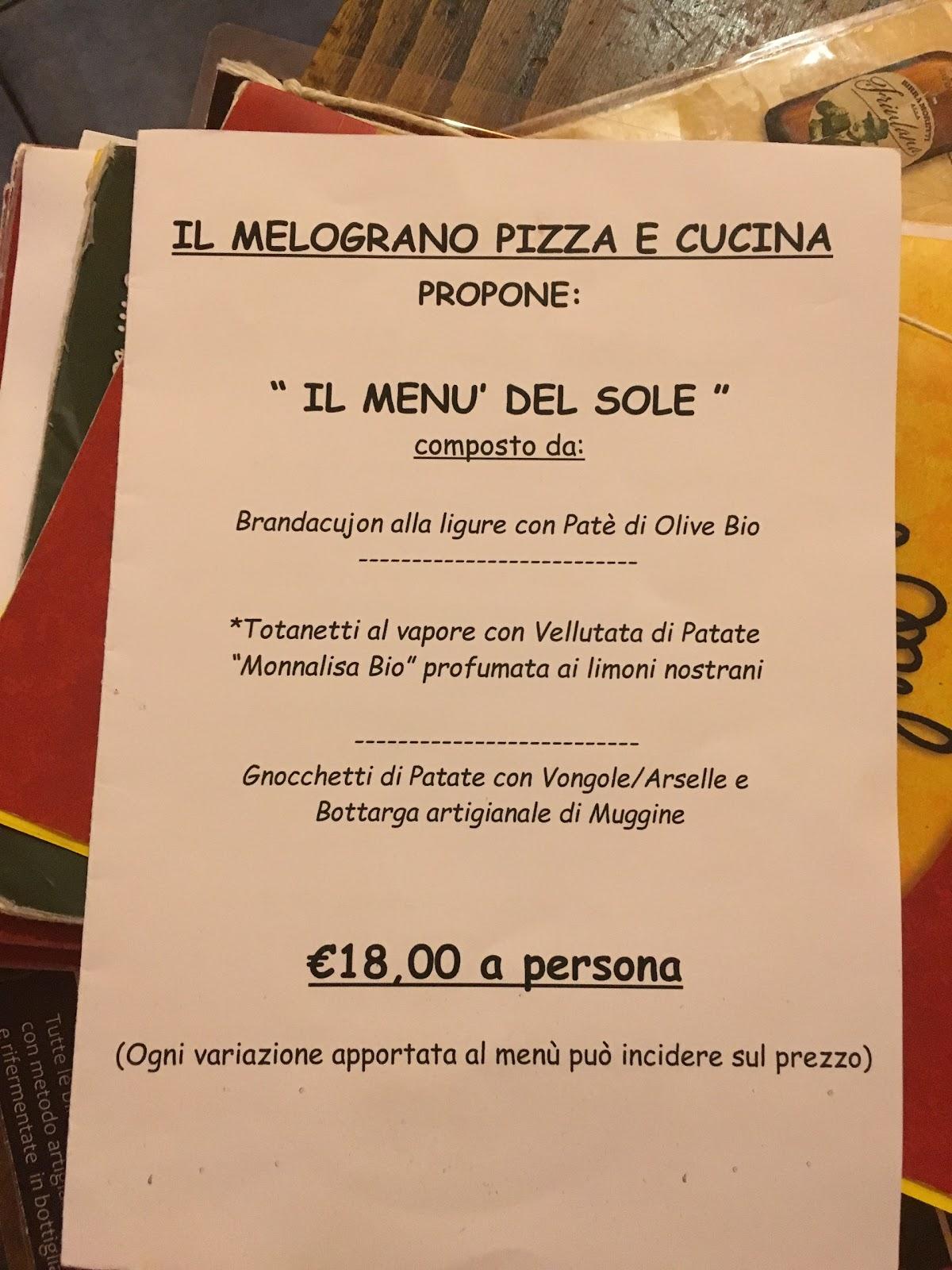 Menu da il Melograno ristorante, Imperia