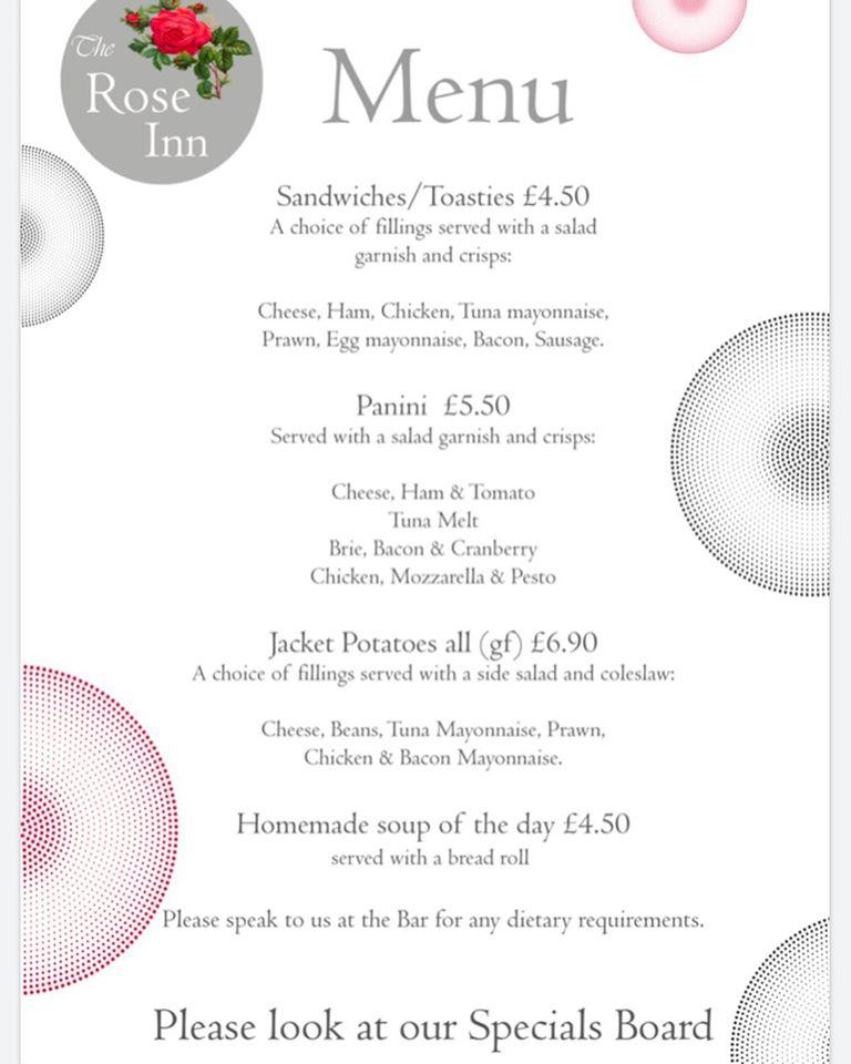Menu at Rose Inn pub & bar, Southminster, Burnham Road