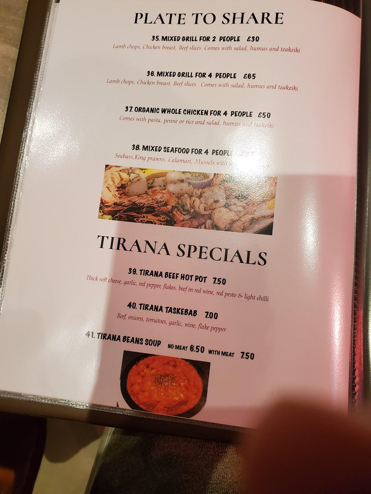 Menu at Tirana restaurant, Ilford