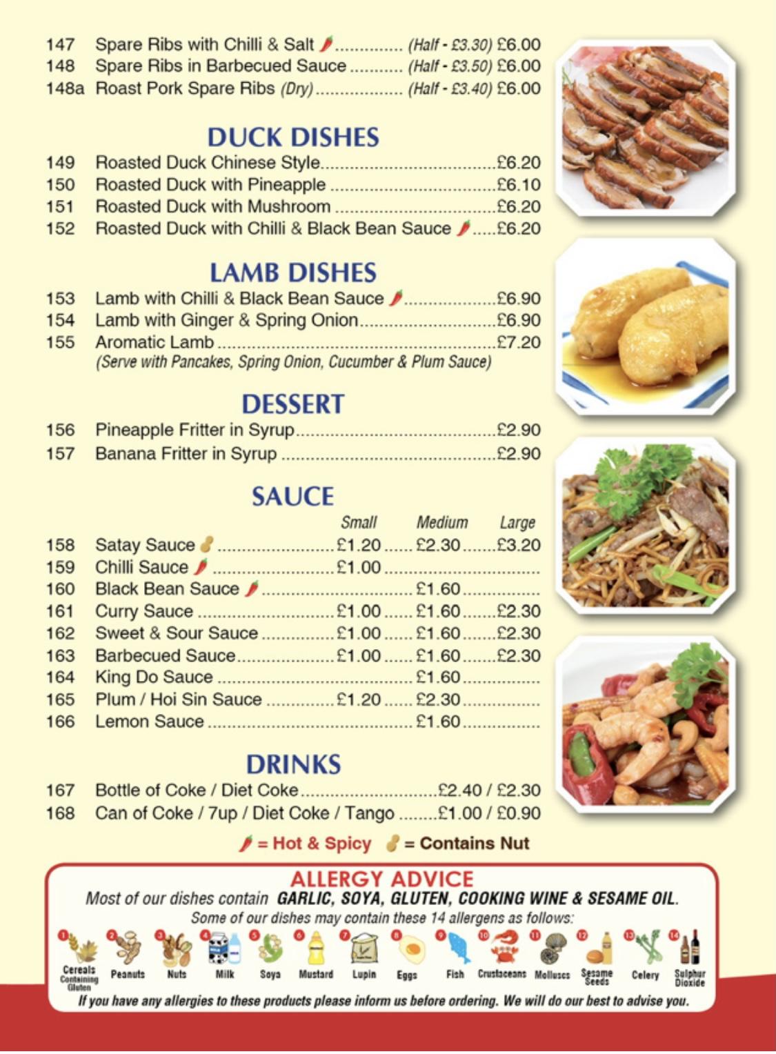Menu at Yong’s Chinese Take-Away restaurant, Dagenham, East