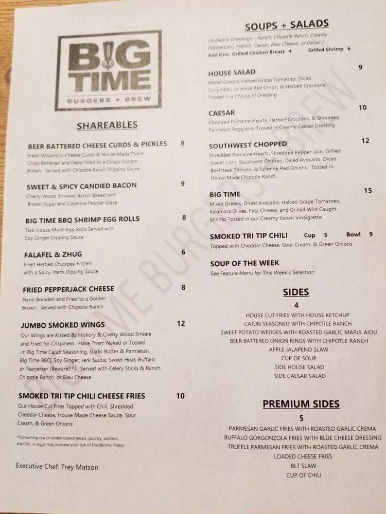 Menu at Big Time Burgers + Brew desserts, Portage