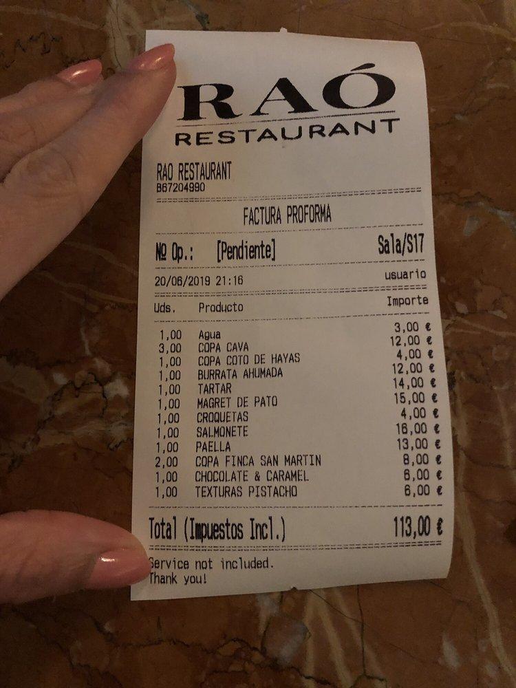 Menu at RAO Restaurant, Barcelona