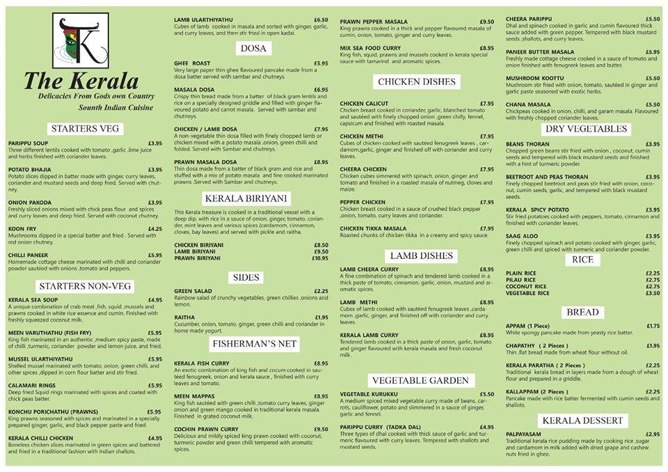 Menu at The Kerala restaurant, Caterham