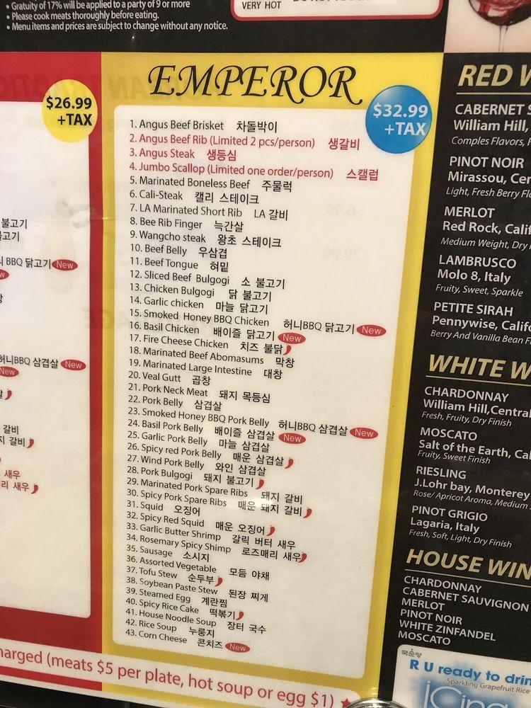 Menu at Wang Cho Korean BBQ, Riverside