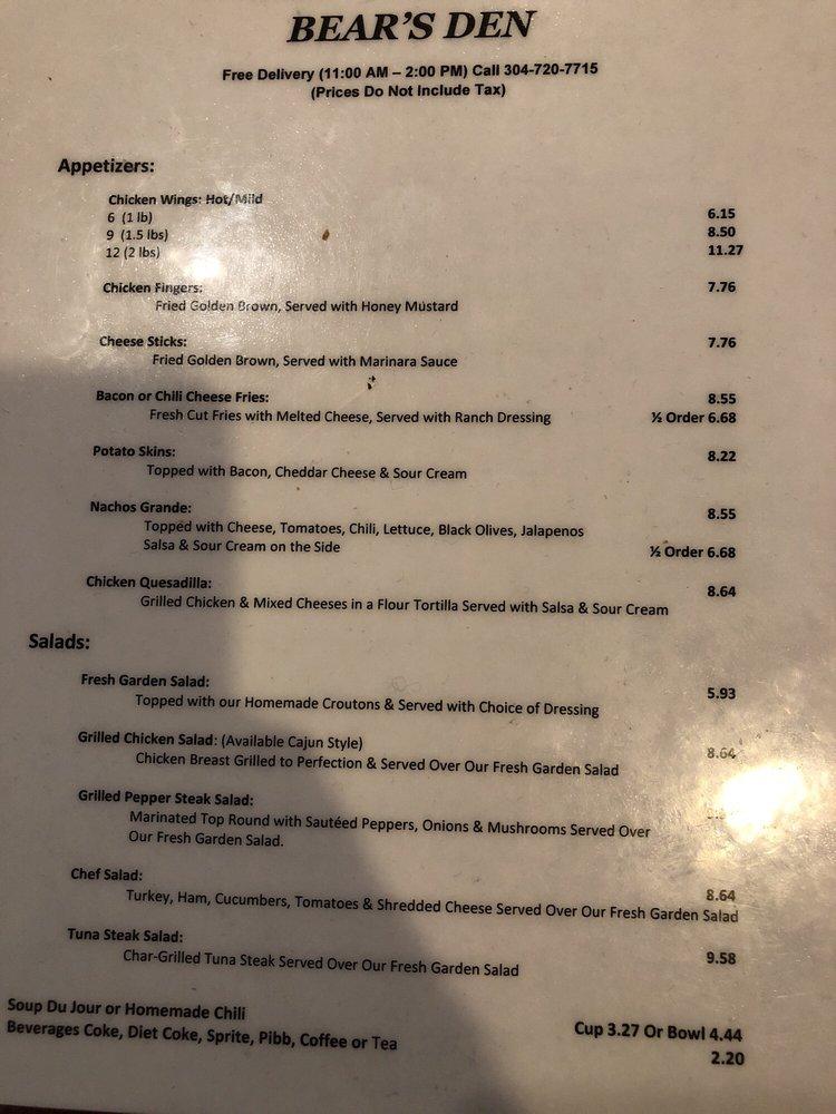 Menu at Bear's Den pub & bar, Charleston