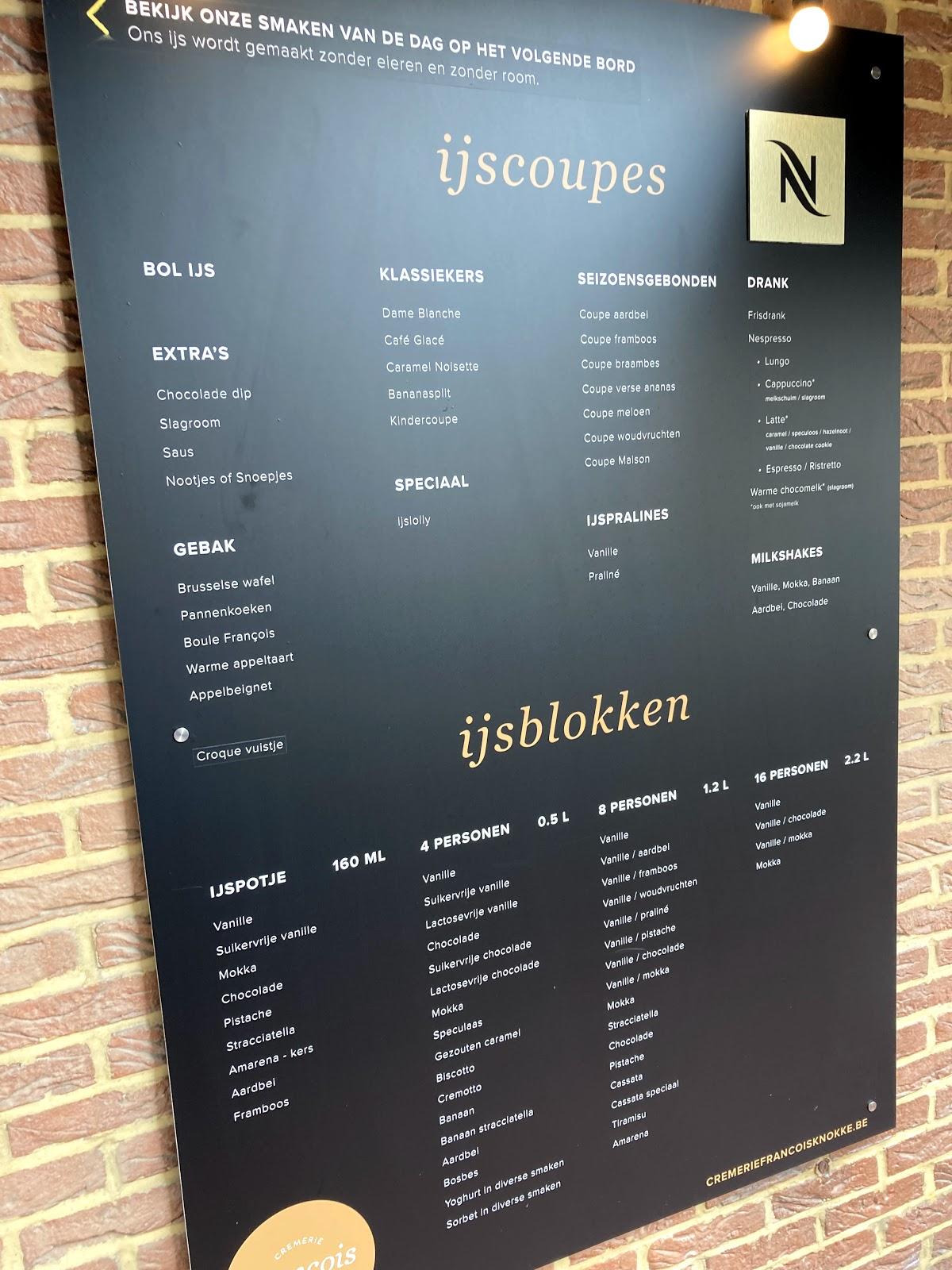 Menu at Cremerie François Knokke, Knokke-Heist