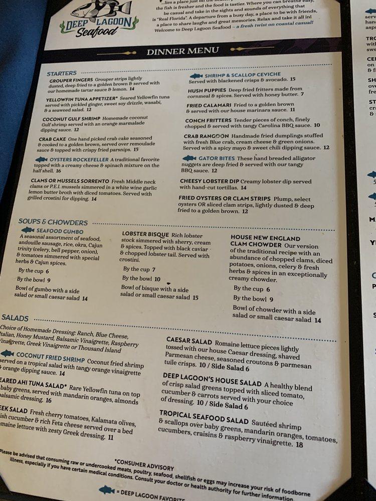 Menu at Deep Lagoon restaurant, Naples, Tamiami Trail N