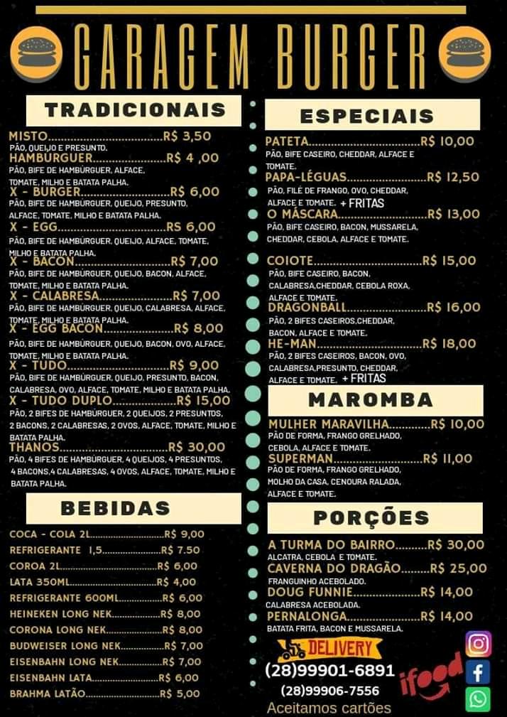 Menu at Garagem Burger Muniz Freire, Muniz Freire