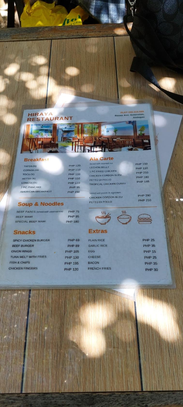 Menu at Hiraya Restaurant, Kalibo