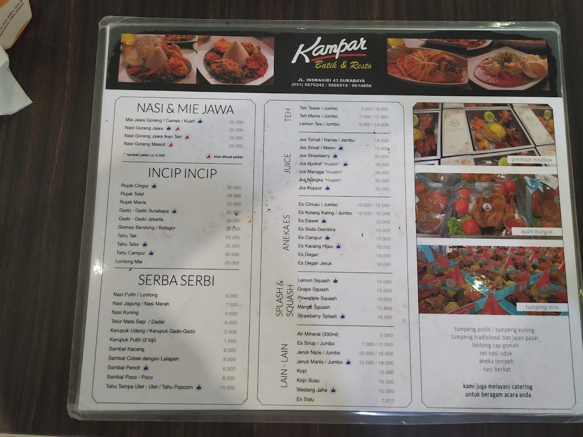 Menu at Kampar Batik and Resto restaurant, Surabaya, Jl. Indragiri No.43