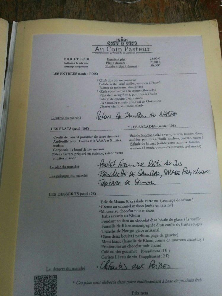 Menu at Au Coin Pasteur restaurant, Paris