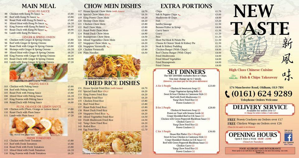 Menu at New Taste restaurant, Oldham, 174 Manchester Road