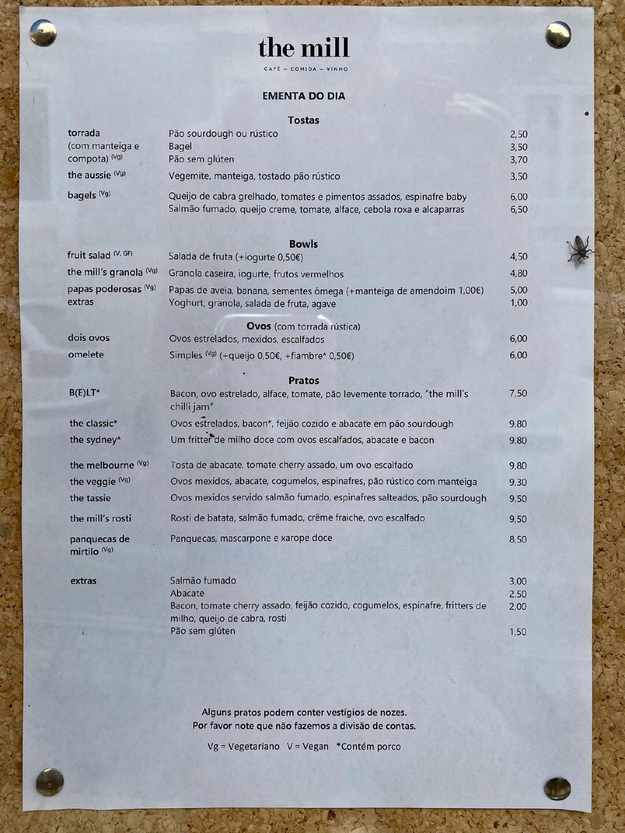 Menu at the mill pub & bar, Lisbon